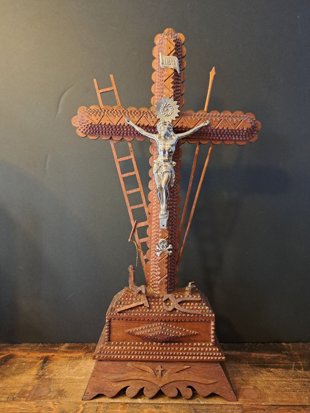Antique Circa 1940 Height 48cm Standing Tramp Art Hand Carved Wood ...
