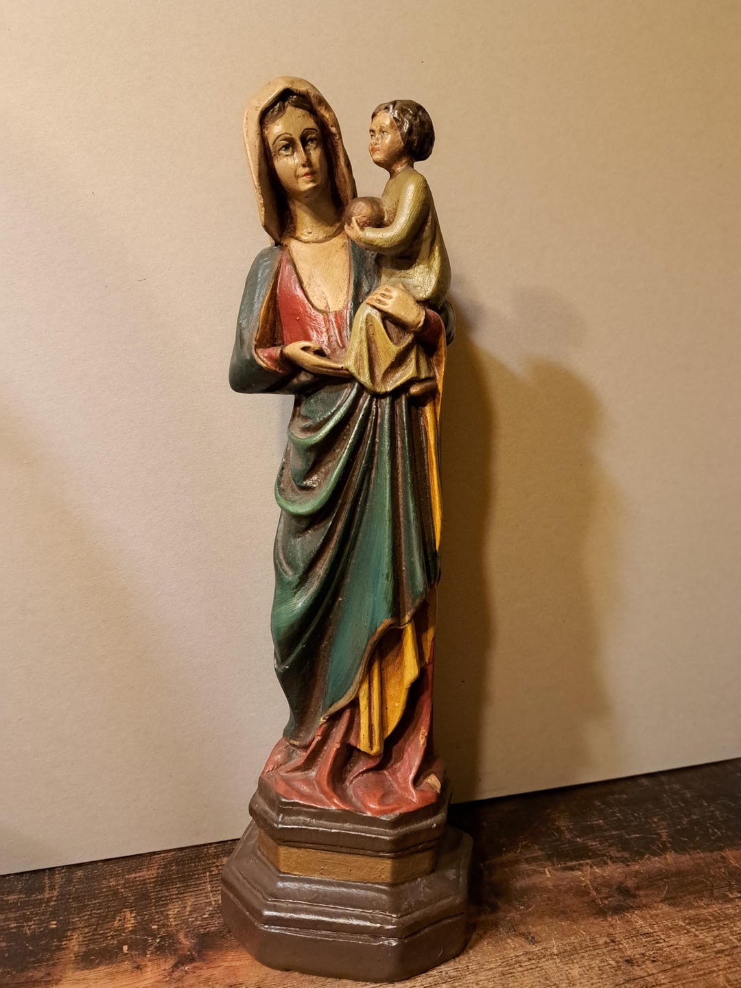36 Cm Antique Circa 1920 Plaster Religious Statue Hand-painted Madonna ...