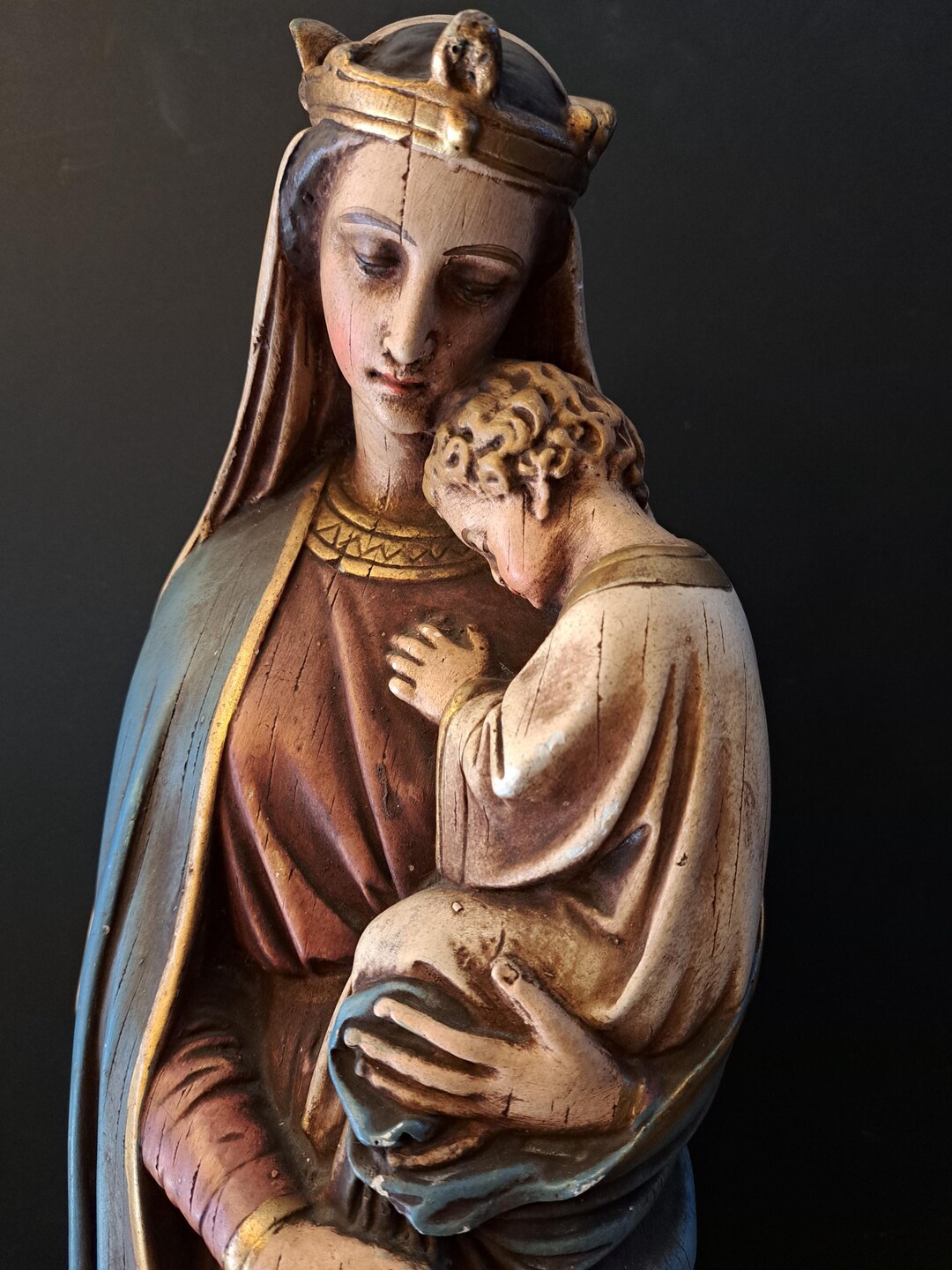 Antique Circa 1920 Plaster Religious Statue Hand-painted Madonna Virgin ...