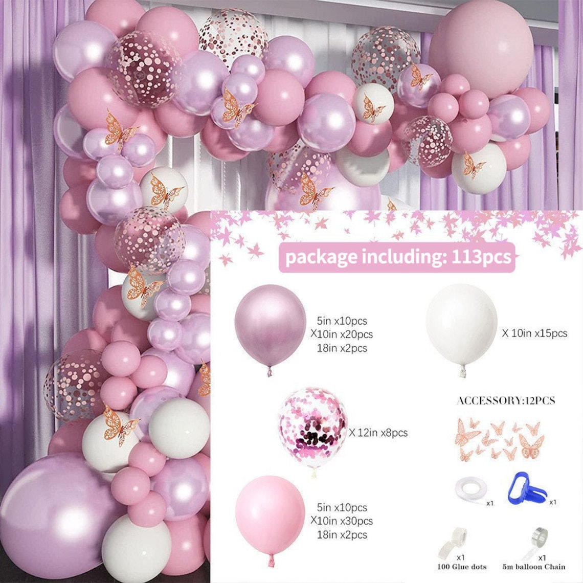 Pink & Purple Butterfly Balloon Arch Kit 113 Piece Metallic - Etsy