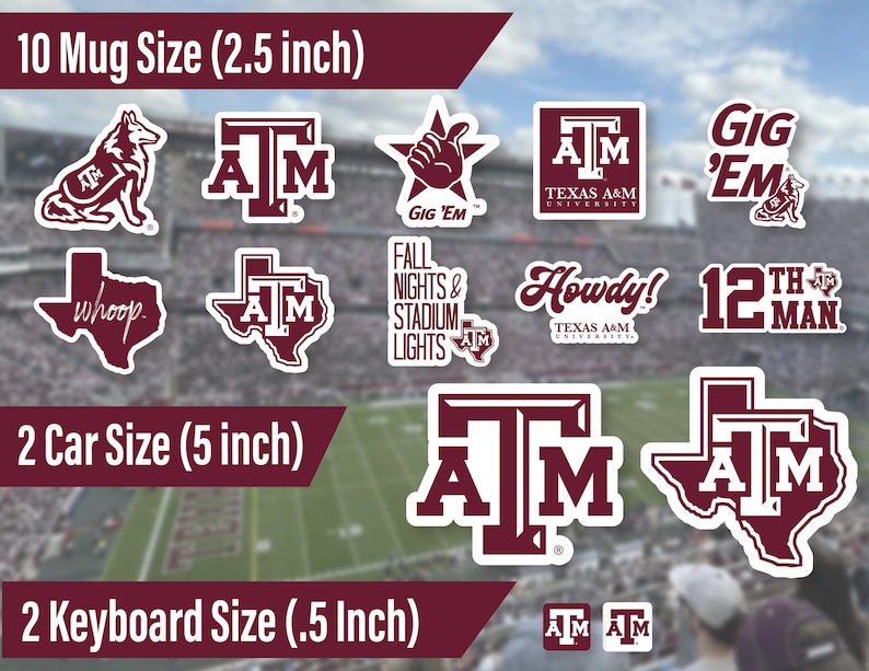 Texas A&M Stickers (14 Pieces) 2 Car Window (5") + 10 Waterbottle (2 ...