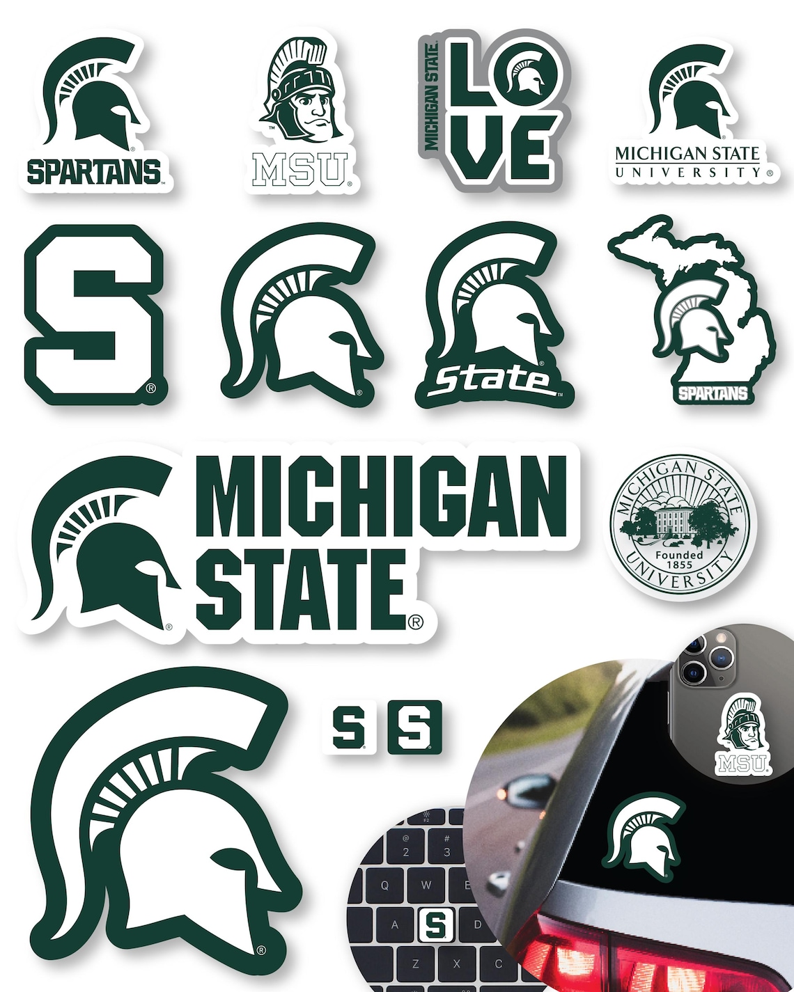 Michigan State Spartans Stickers (14 Pieces) 2 Car Window (5") + 10 ...