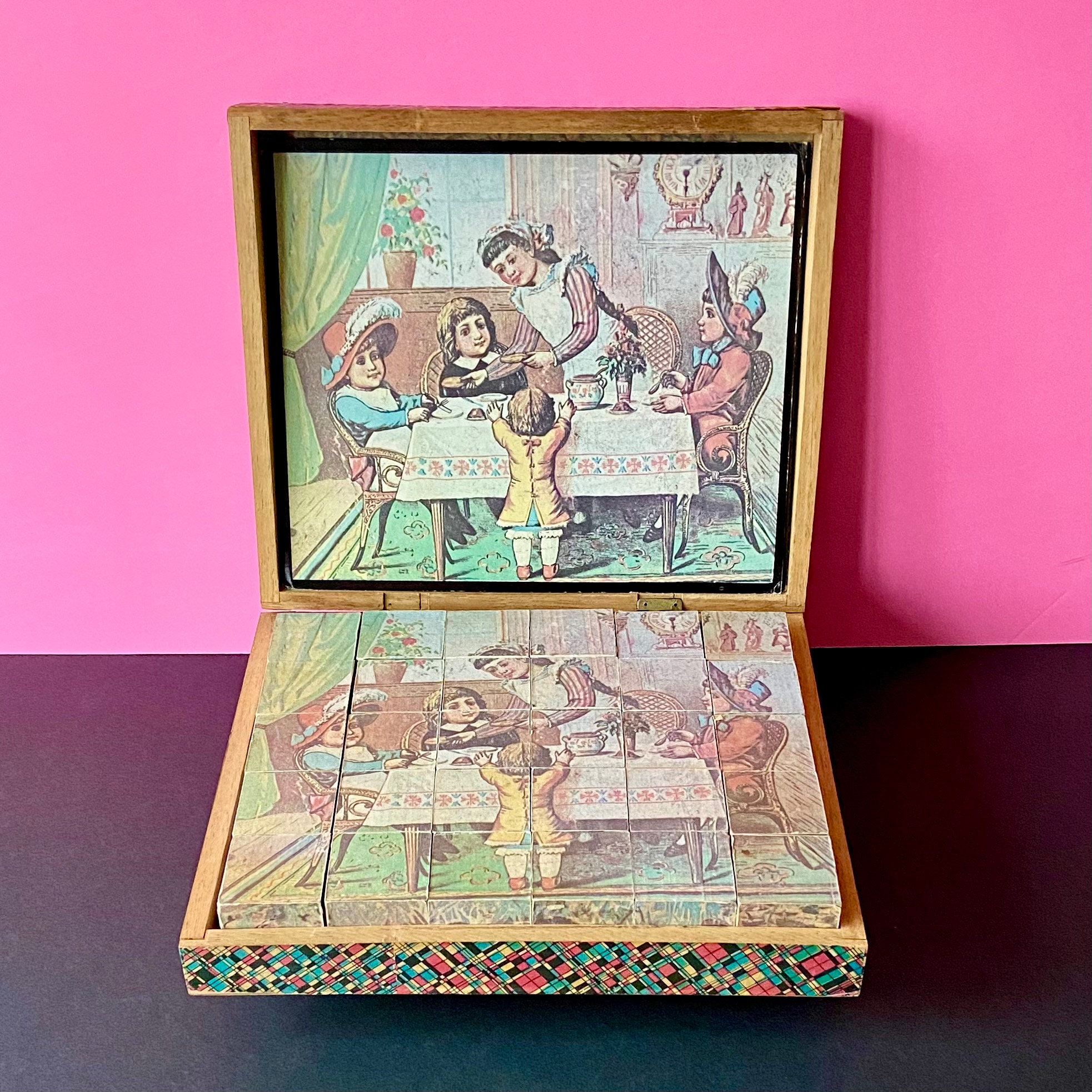 Victorian Block Puzzle Antique Original Box Lithograph Wooden Blocks ...