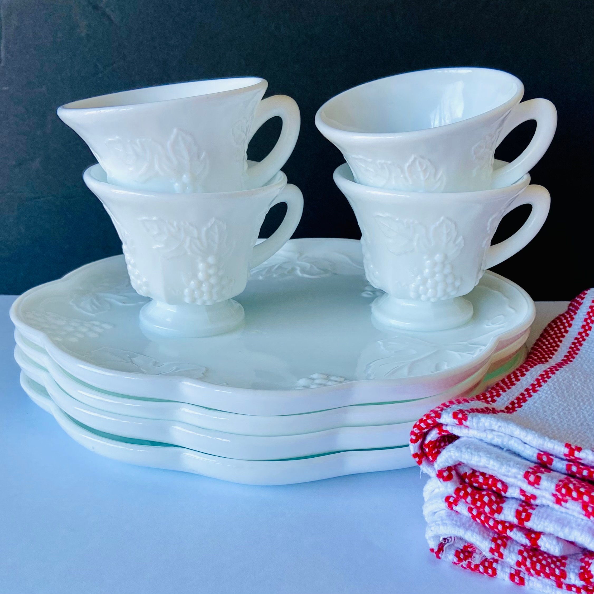 Vintage Milk Glass Appetizer Snack Plate Set of Four Cup & Sandwich ...