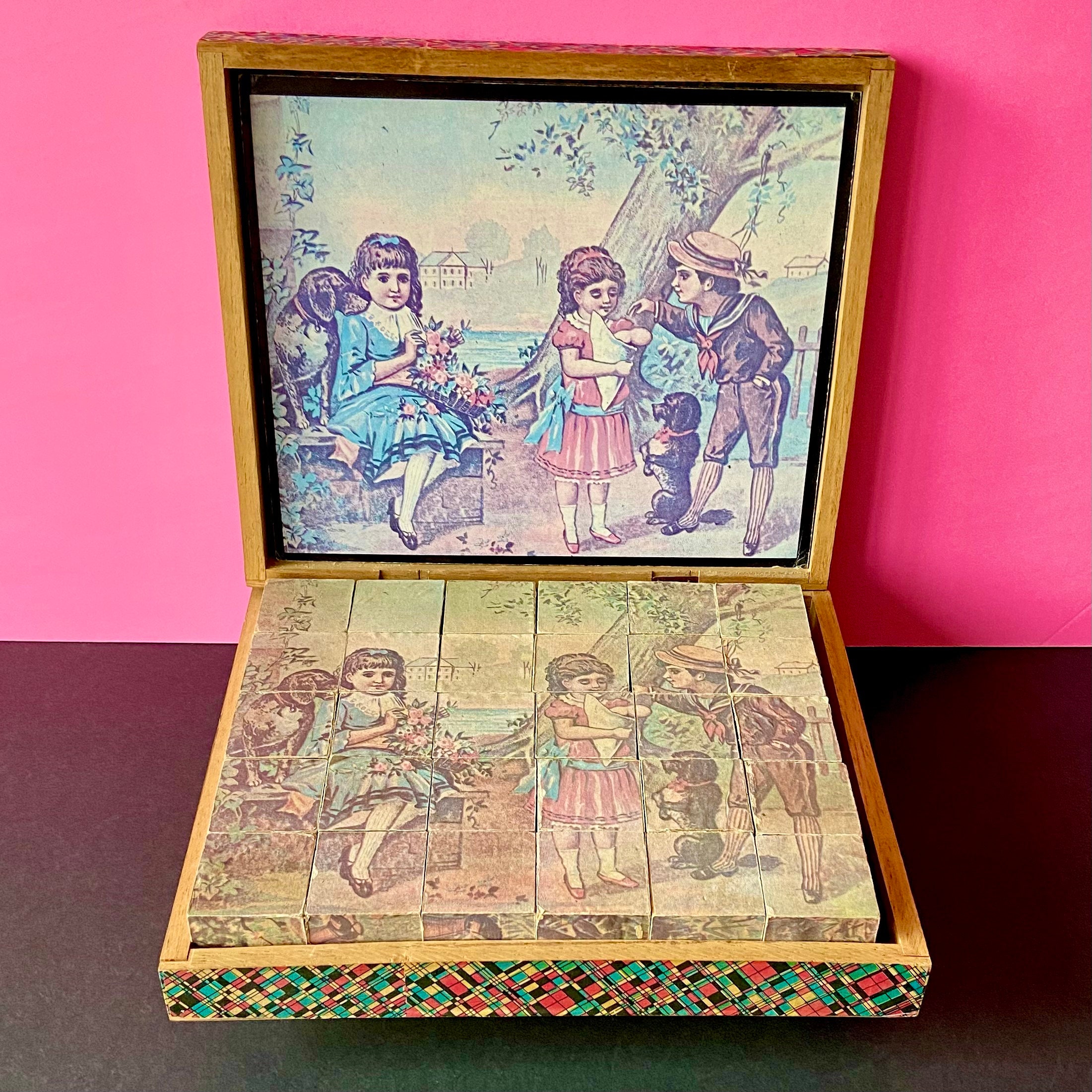 Victorian Block Puzzle Antique Original Box Lithograph Wooden Blocks ...