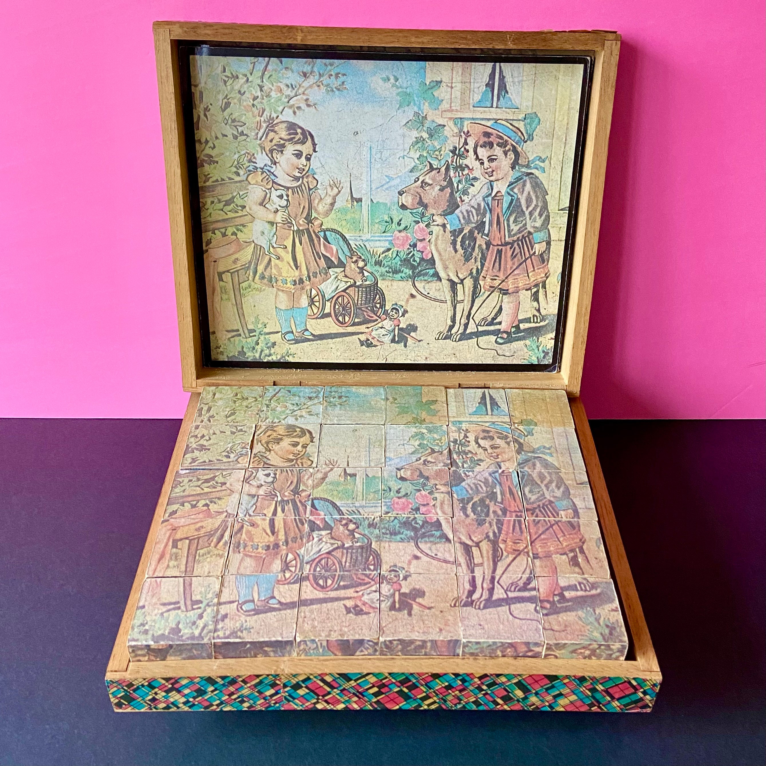 Victorian Block Puzzle Antique Original Box Lithograph Wooden Blocks ...