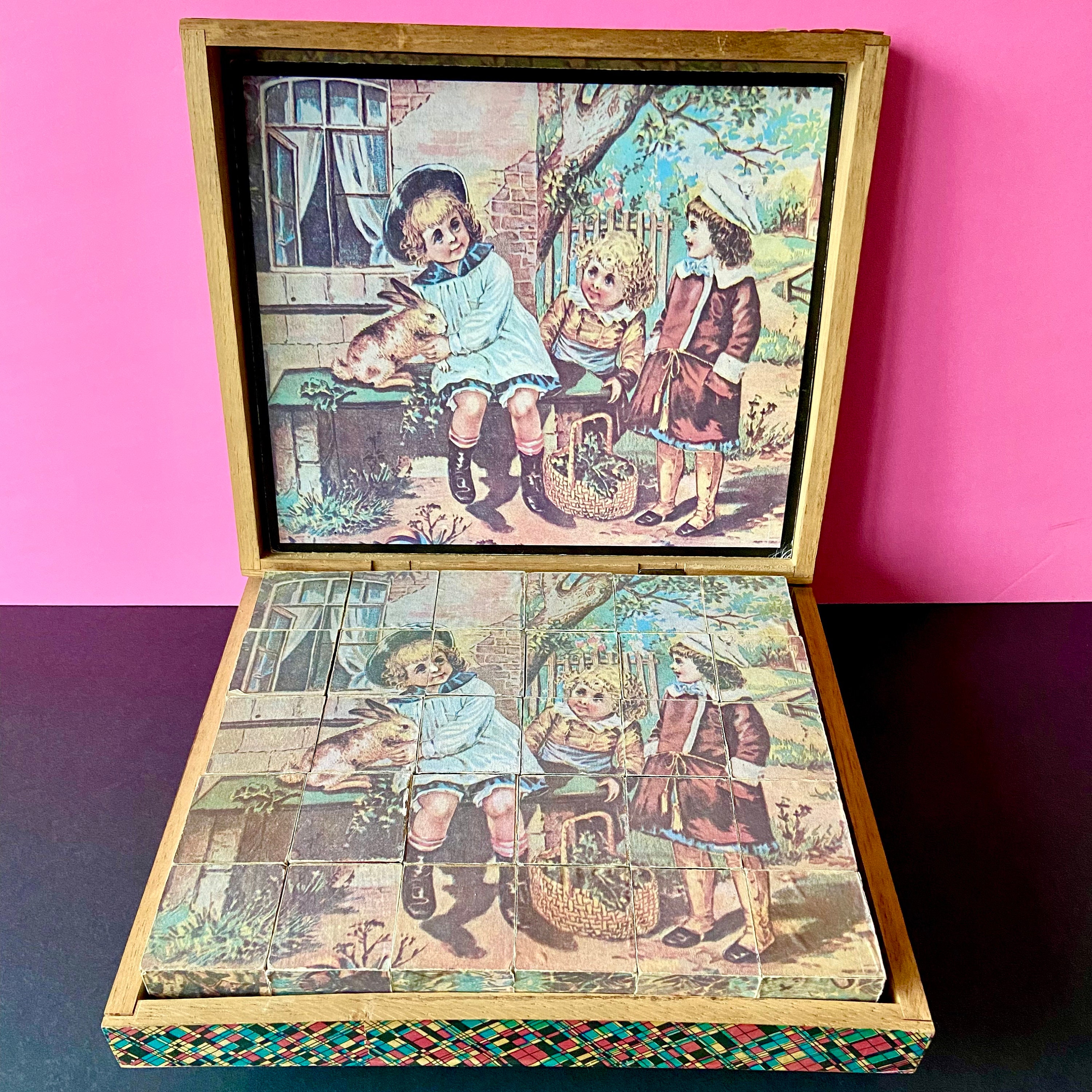 Victorian Block Puzzle Antique Original Box Lithograph Wooden Blocks ...
