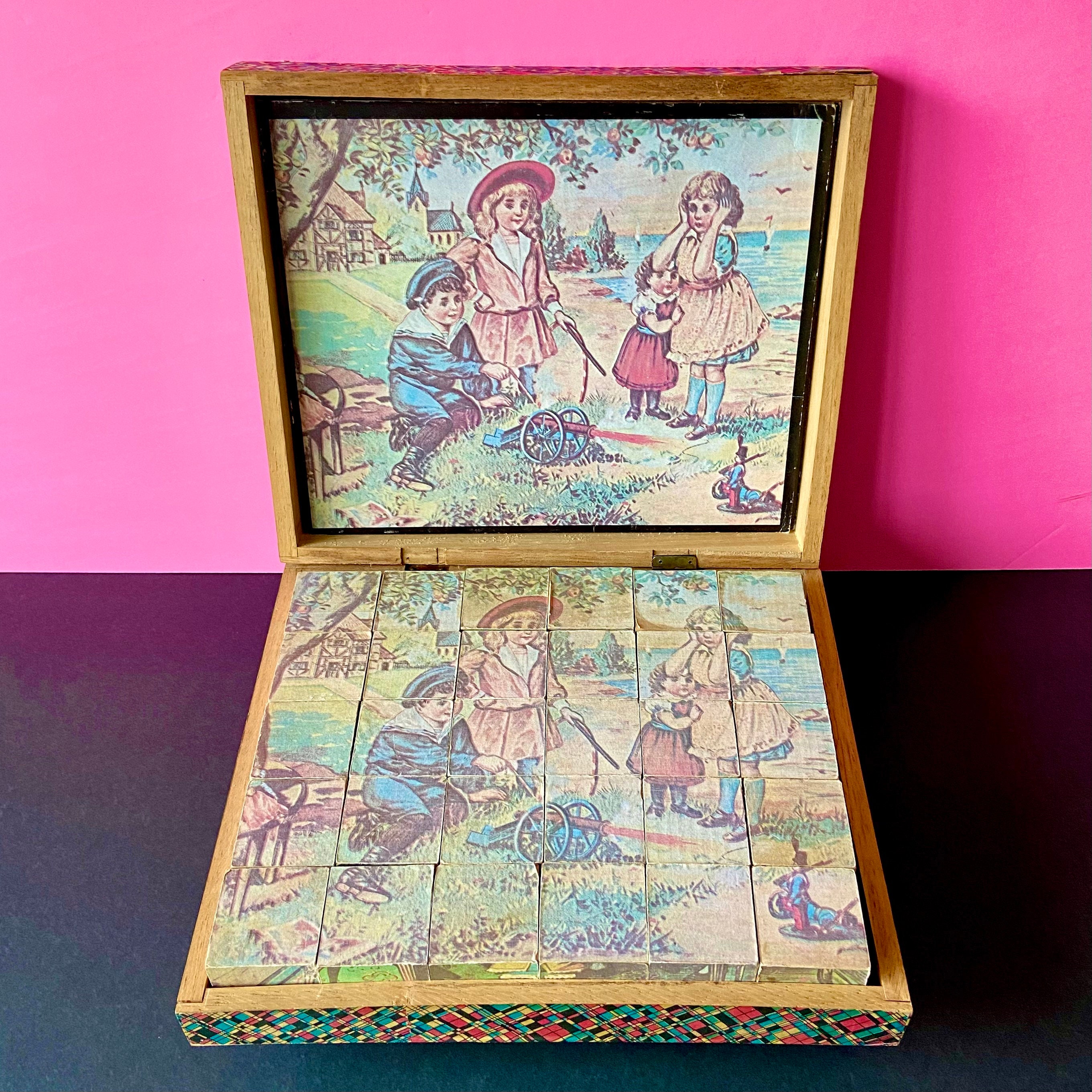 Victorian Block Puzzle Antique Original Box Lithograph Wooden Blocks ...