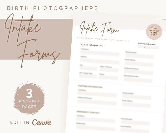Birth Photography Intake Forms Editable Canva Template | Etsy