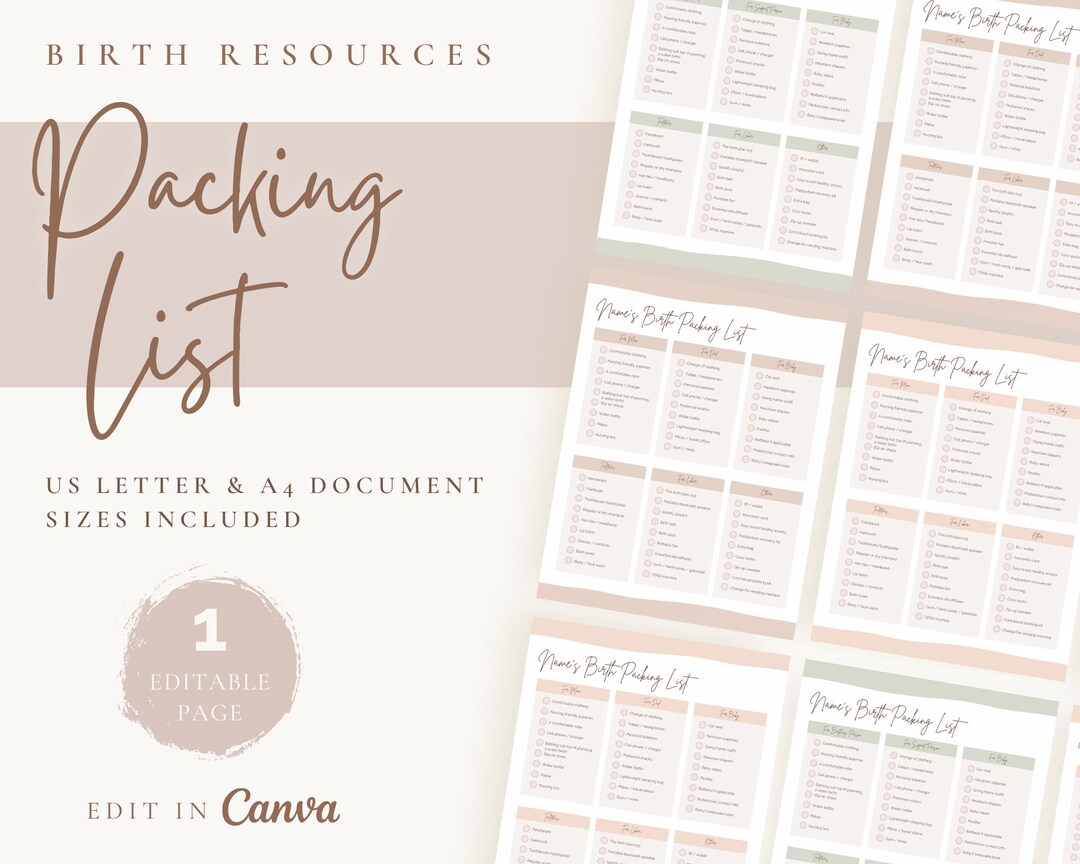 Birth Packing List | Hospital Bag Checklist | Editable Canva Template ...