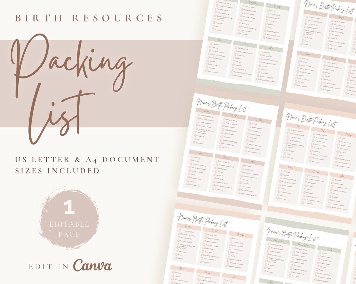 Birth Packing List | Hospital Bag Checklist | Editable Canva Template ...