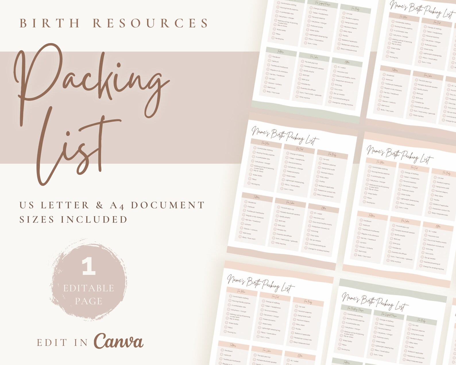 Birth Packing List | Hospital Bag Checklist | Editable Canva Template ...