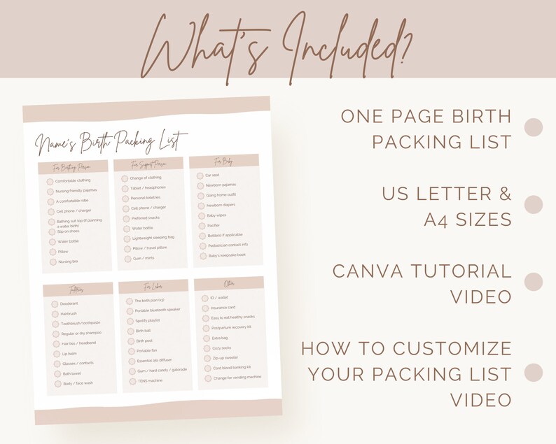 Birth Packing List | Hospital Bag Checklist | Editable Canva Template ...