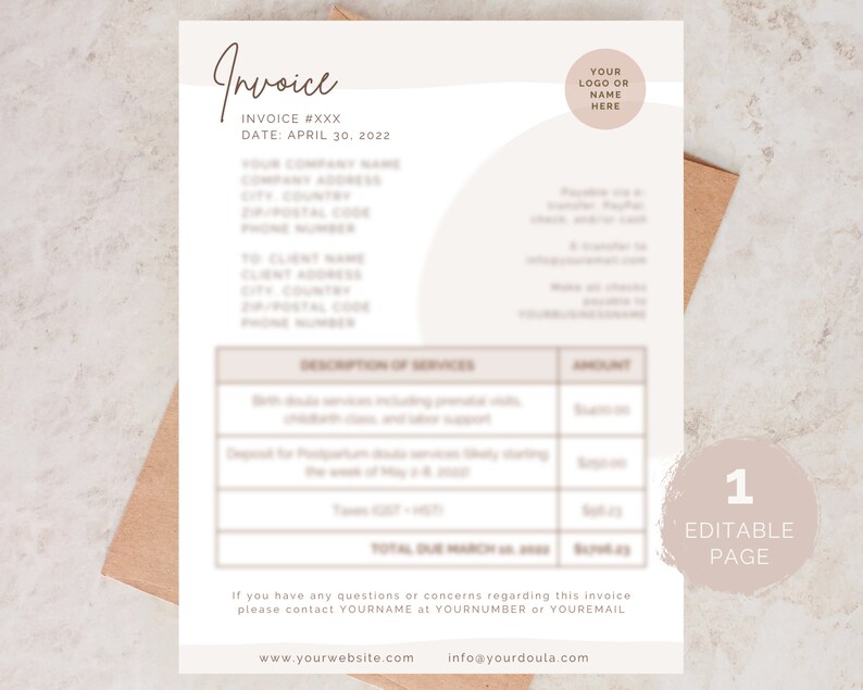 Birth Doula Invoice Form | Editable Contract Template | Instant Digital ...