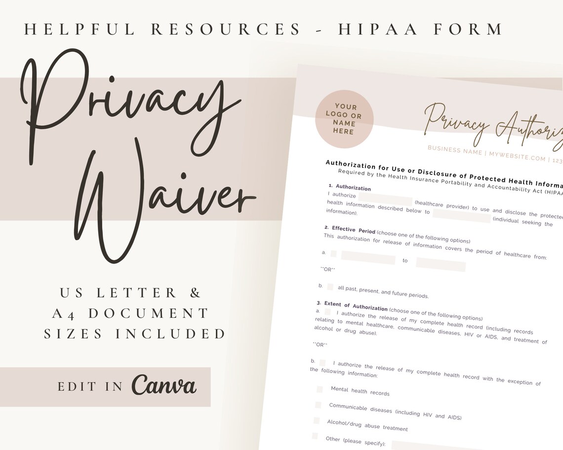 HIPAA Privacy Waiver Form Release Form Editable Canva Template ...