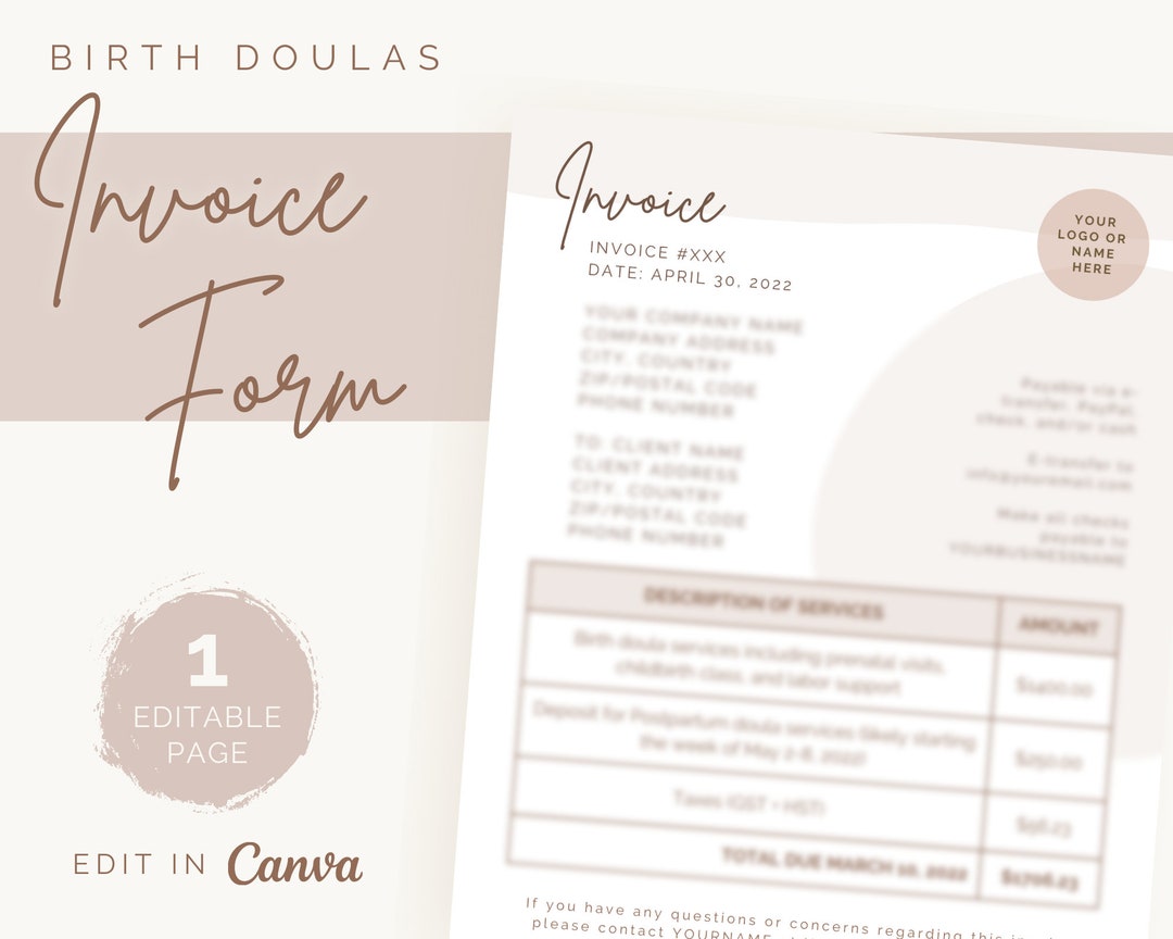 Birth Doula Invoice Form | Editable Contract Template | Instant Digital ...