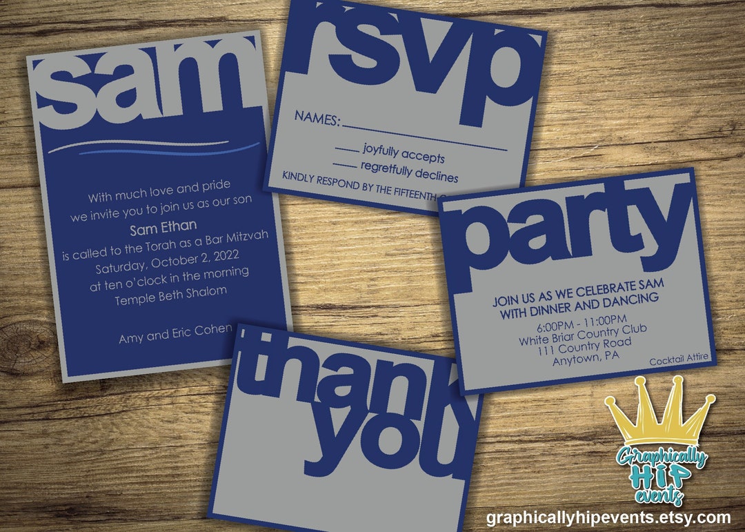 Modern Bar Mitzvah DIGITAL Invitation - RSVP Insert Thank You Navy Blue ...
