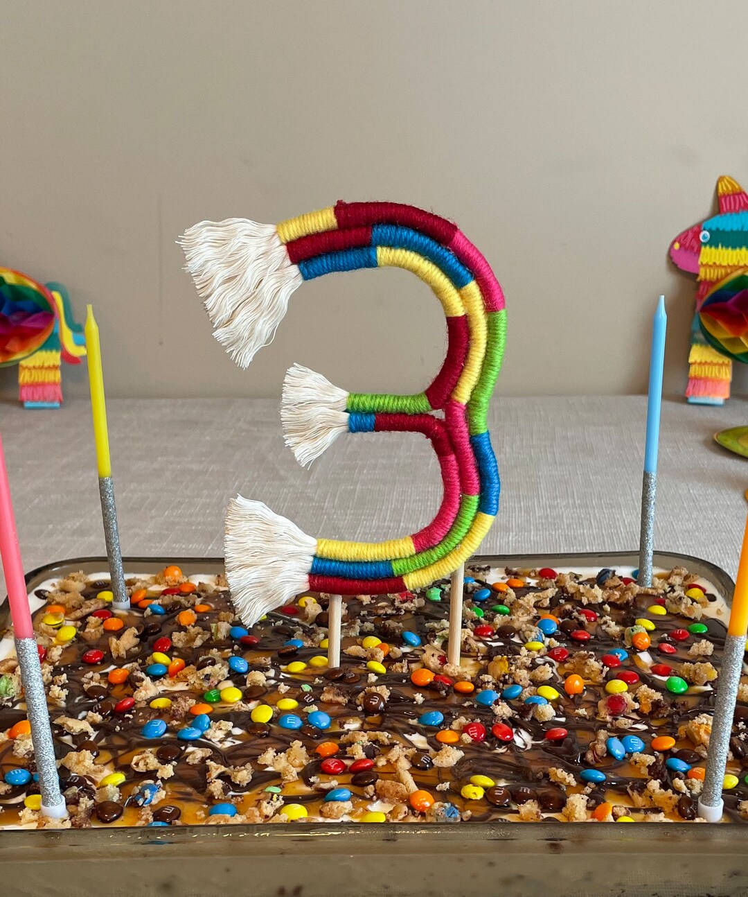 Three-esta Birthday Cake Topper, Macrame Rainbow, Third Bday Decor ...