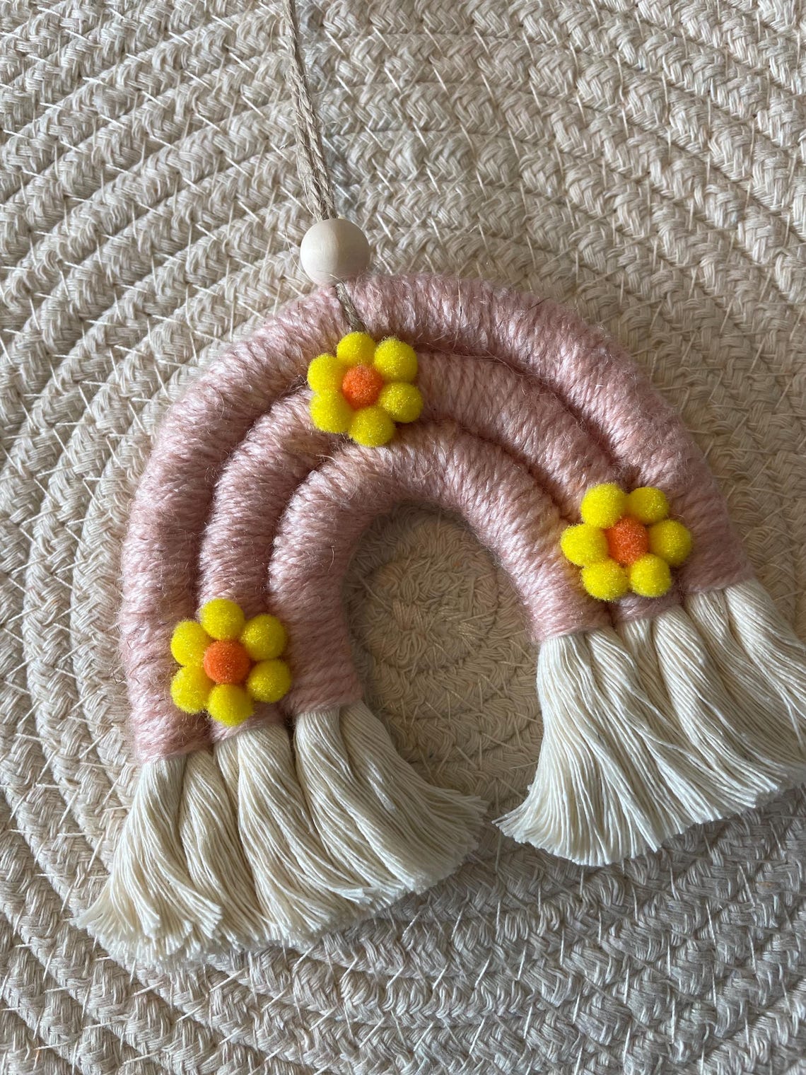 Macrame Rainbow Car Charm With Flowers, Essential Oil Car Diffuser ...