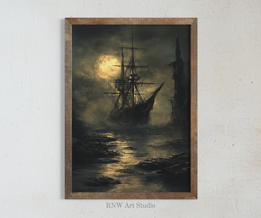 Vintage Ghost Ship Painting, Gothic Sea Aesthetic, Moody Ocean Decor ...