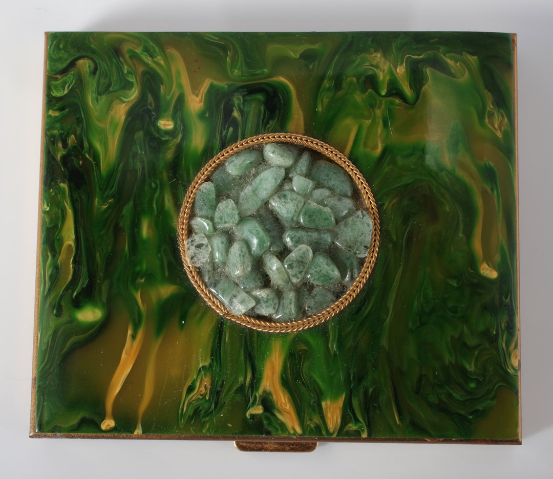 Vintage Marbled Bakelite Schildkraut Compact Goldtone With Green Stones ...