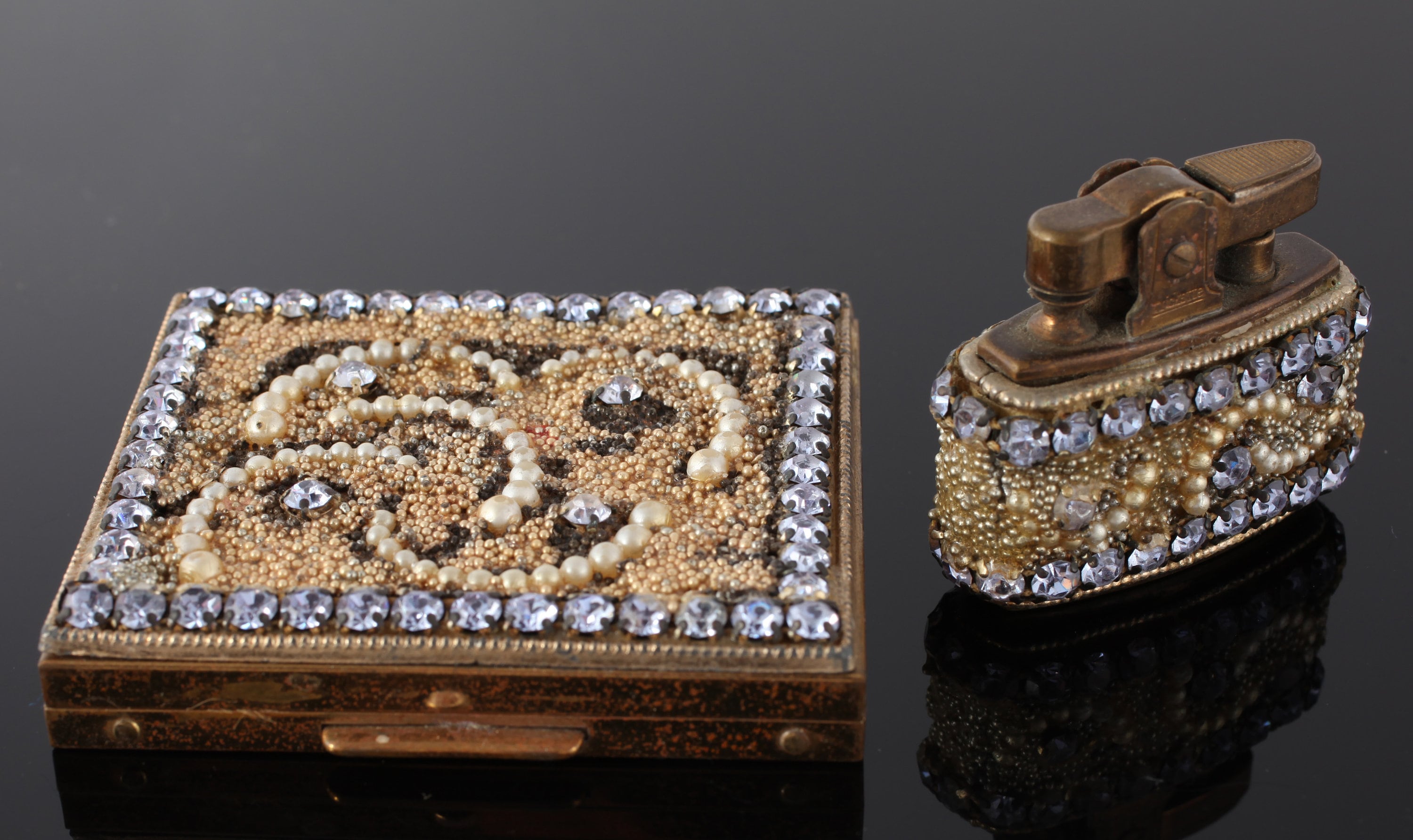 Vintage Wiesner Compact and Matching Trickette Lighter Rhinestone and Faux Pearls Faux Seed ...