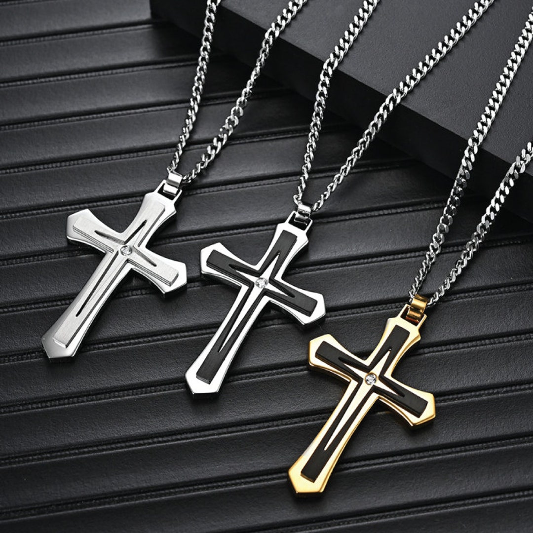 Stainless Steel Cross Pendant Necklace With Single Gemstone ...