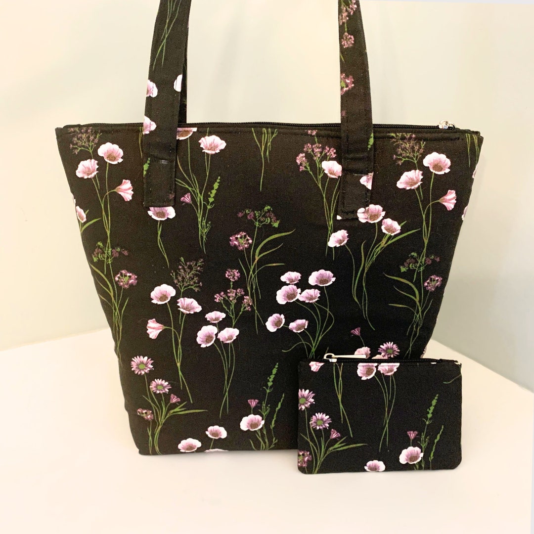 Black With Purple Flowers Tote Handbag and Coin Purse, Two Handle Bag ...