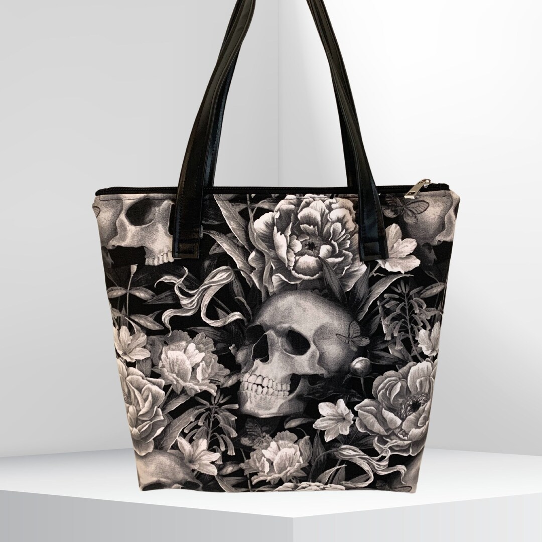 Goth Skull Flower Tote Handbag, Two Handle Bag With Zipper and Slip ...