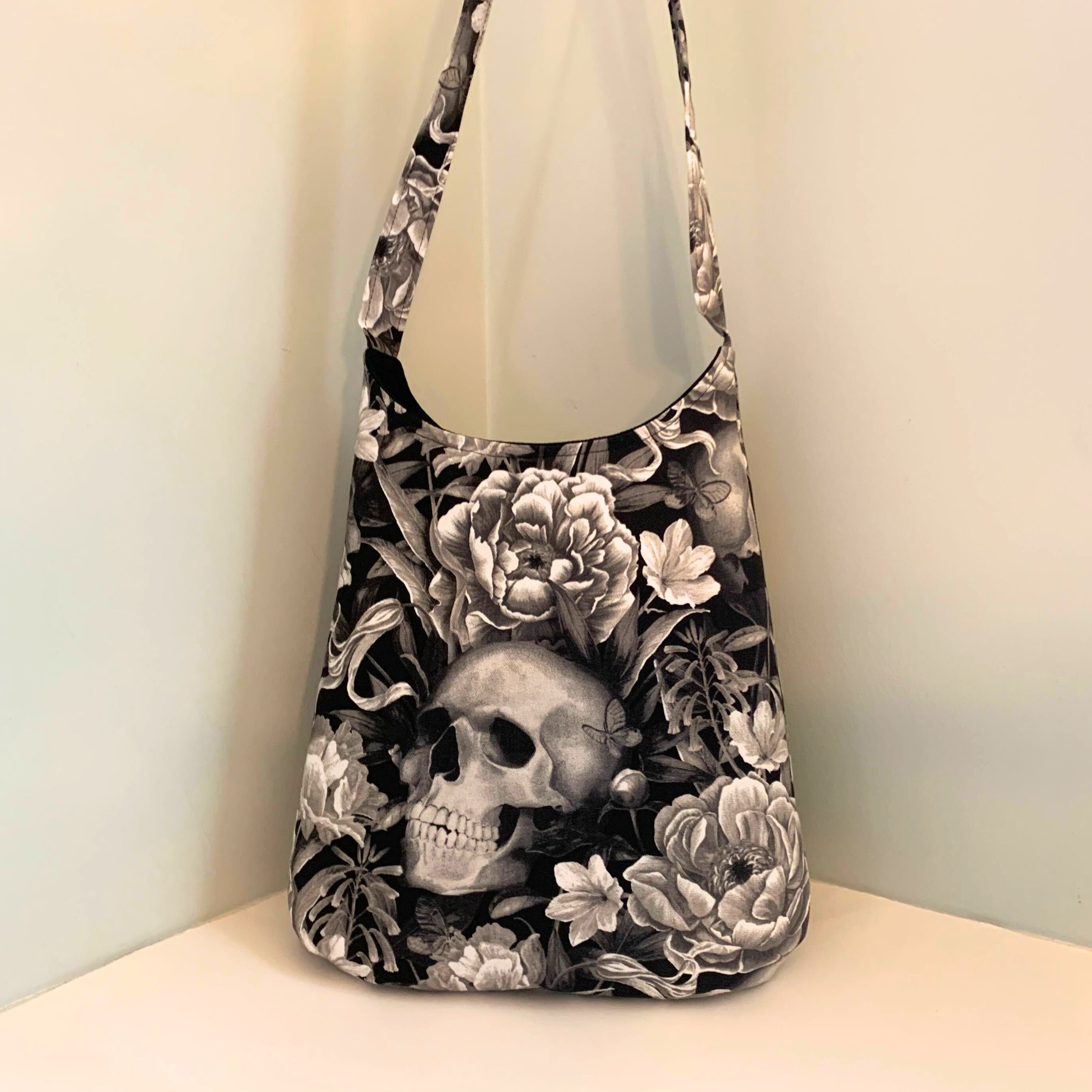 Goth Skull and Flower Hobo Bag, One Handle, Zipper Option, Short or ...