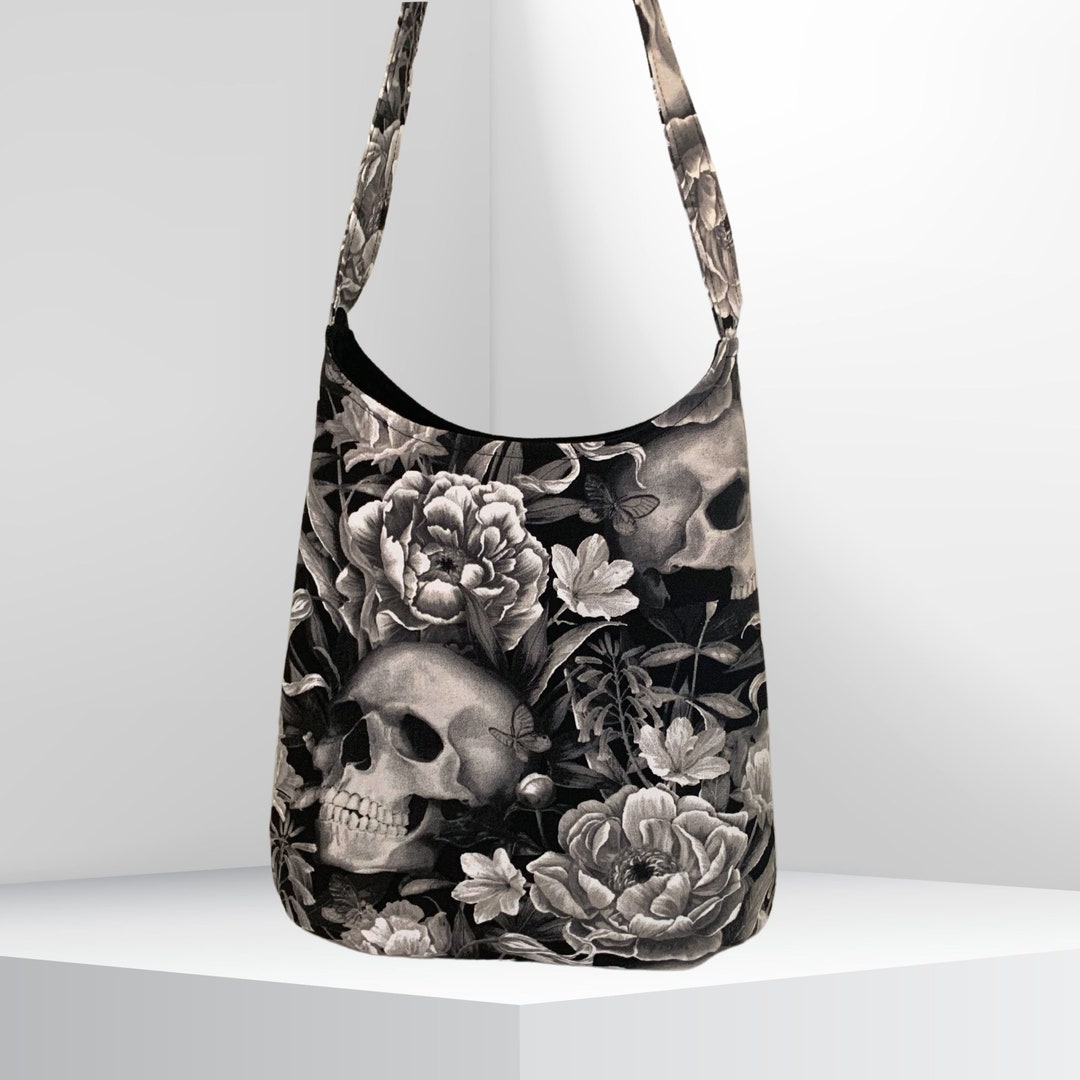 Goth Skull and Flower Hobo Bag, One Handle, Zipper Option, Short or ...