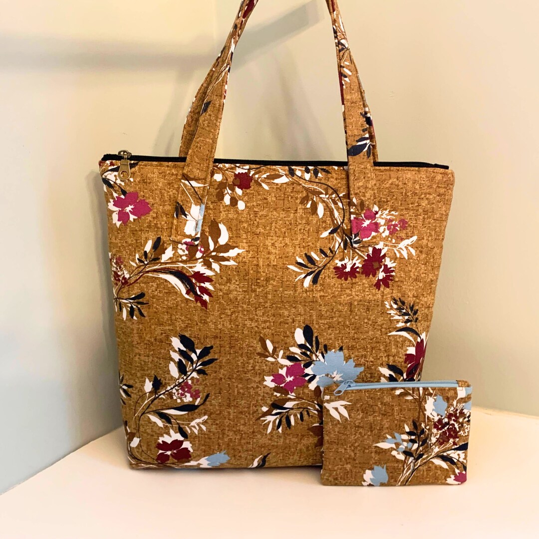 Earthy Floral Handbag and Coin Purse, Large Two Handle Bag With Zipper ...