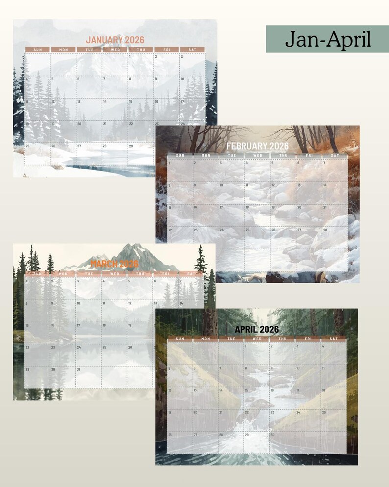 2026 Wilderness Calendar Outdoor Water Lake River Watercolor Nature ...