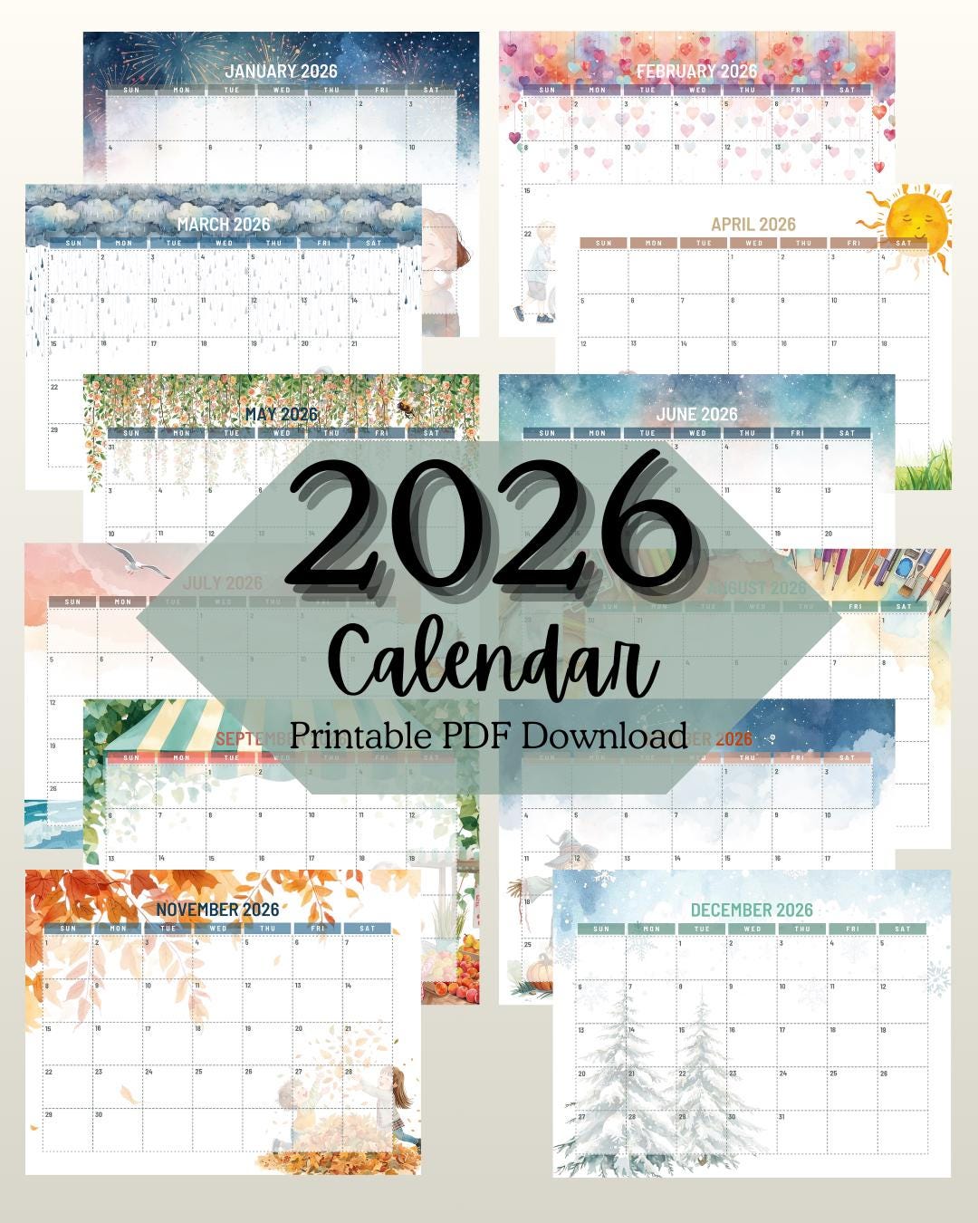 2026 Kids Calendar Printable Watercolor Family Classroom Homeschool ...
