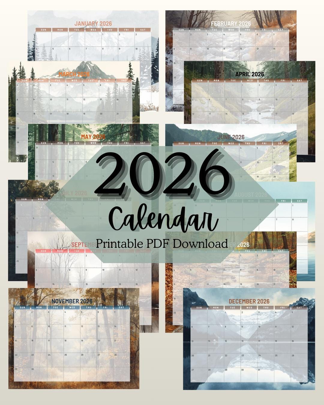 2026 Wilderness Calendar Outdoor Water Lake River Watercolor Nature ...