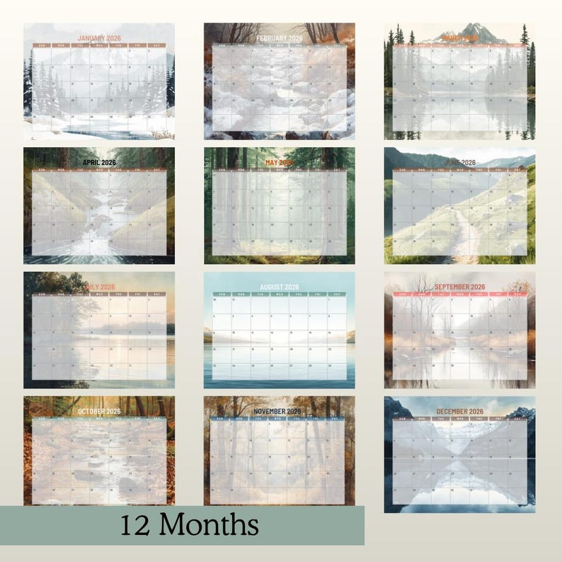 2026 Wilderness Calendar Outdoor Water Lake River Watercolor Nature ...