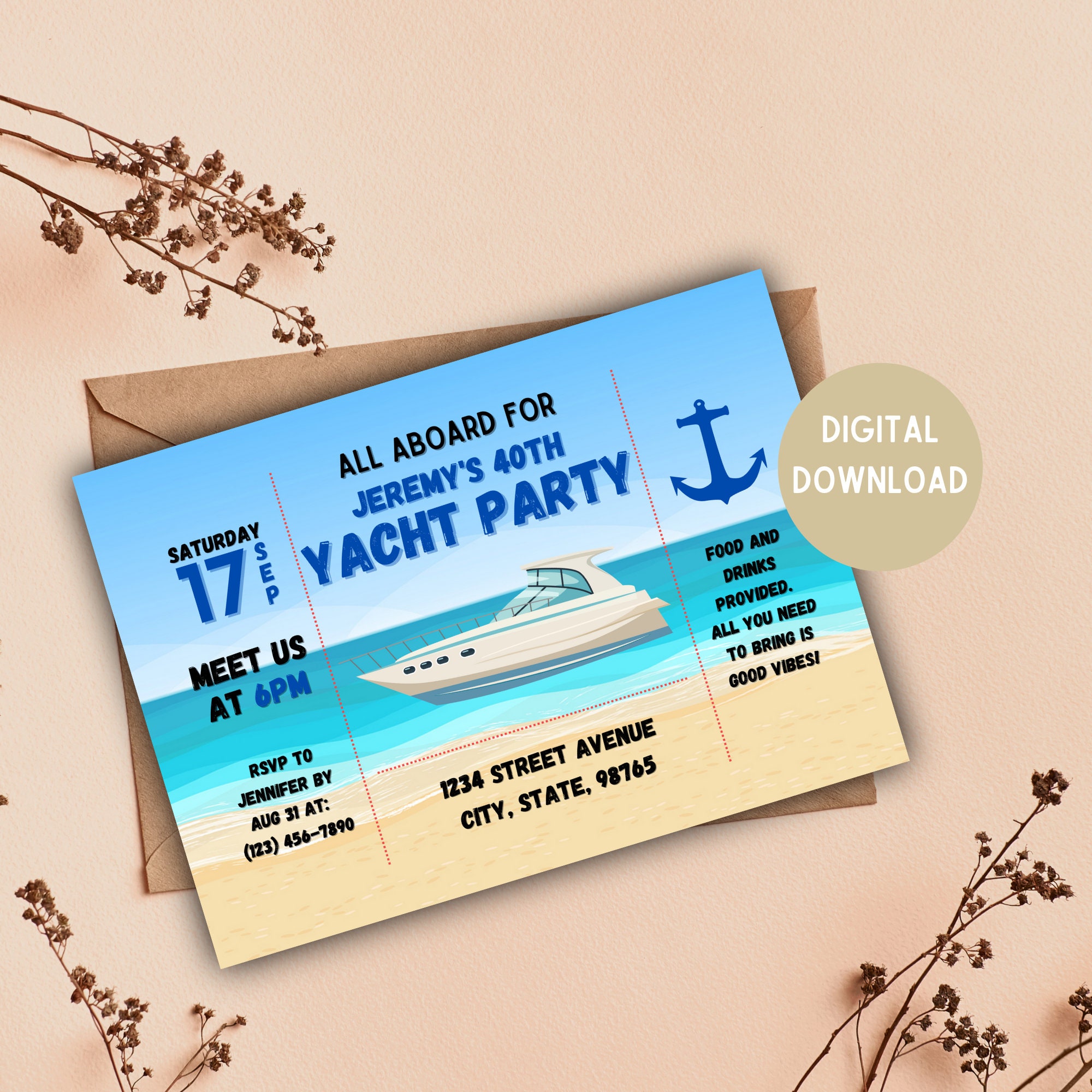Yacht Birthday Party Invitation TEMPLATE | Yacht Party Invitation ...