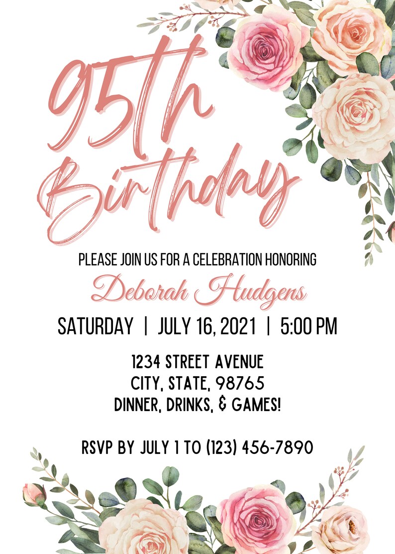Editable 95th Birthday Invite | 95th Birthday | 95th Birthday Ideas ...