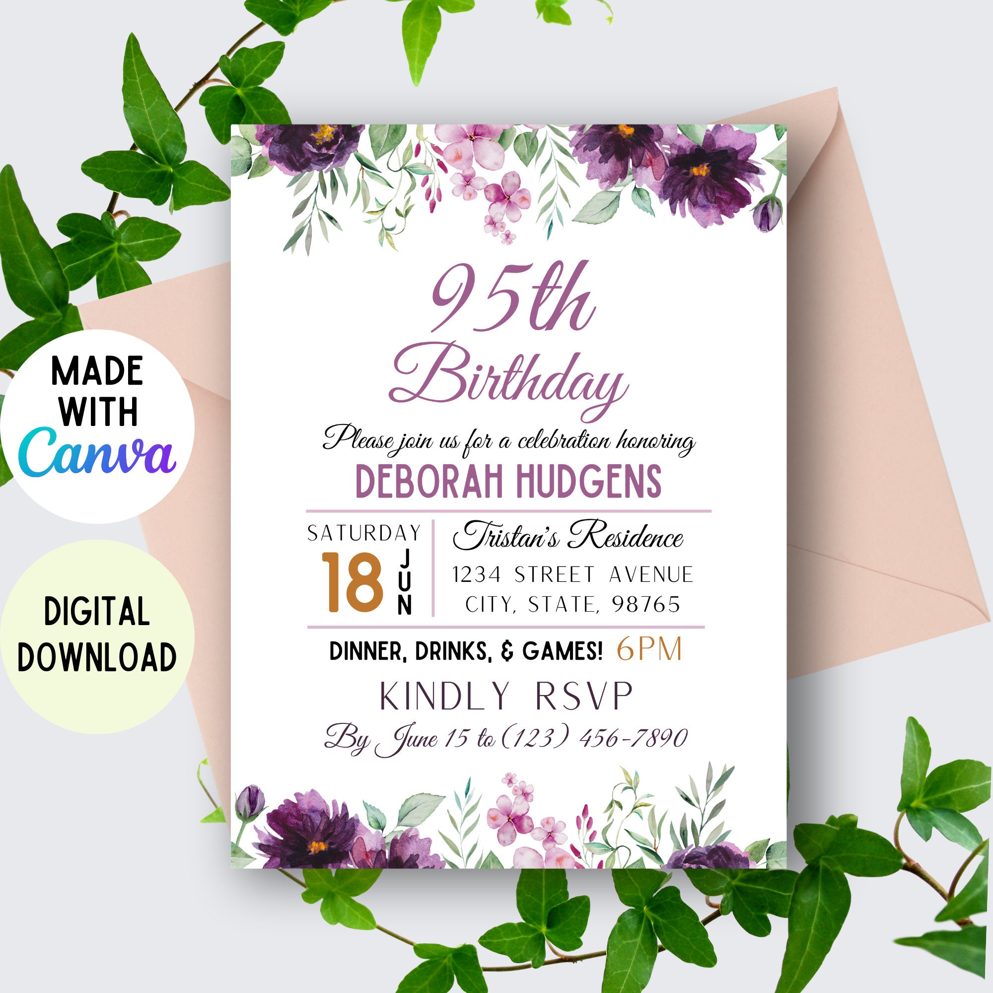Editable 95th Birthday Invite | 95th Birthday | 95th Birthday Ideas ...