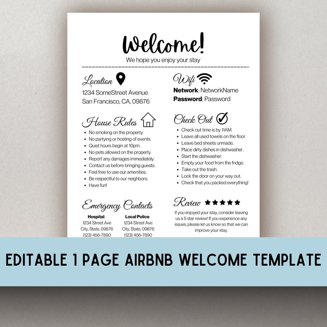 1 Page Airbnb Welcome Sign, DIGITAL DOWNLOAD, Welcome Sign, Airbnb ...