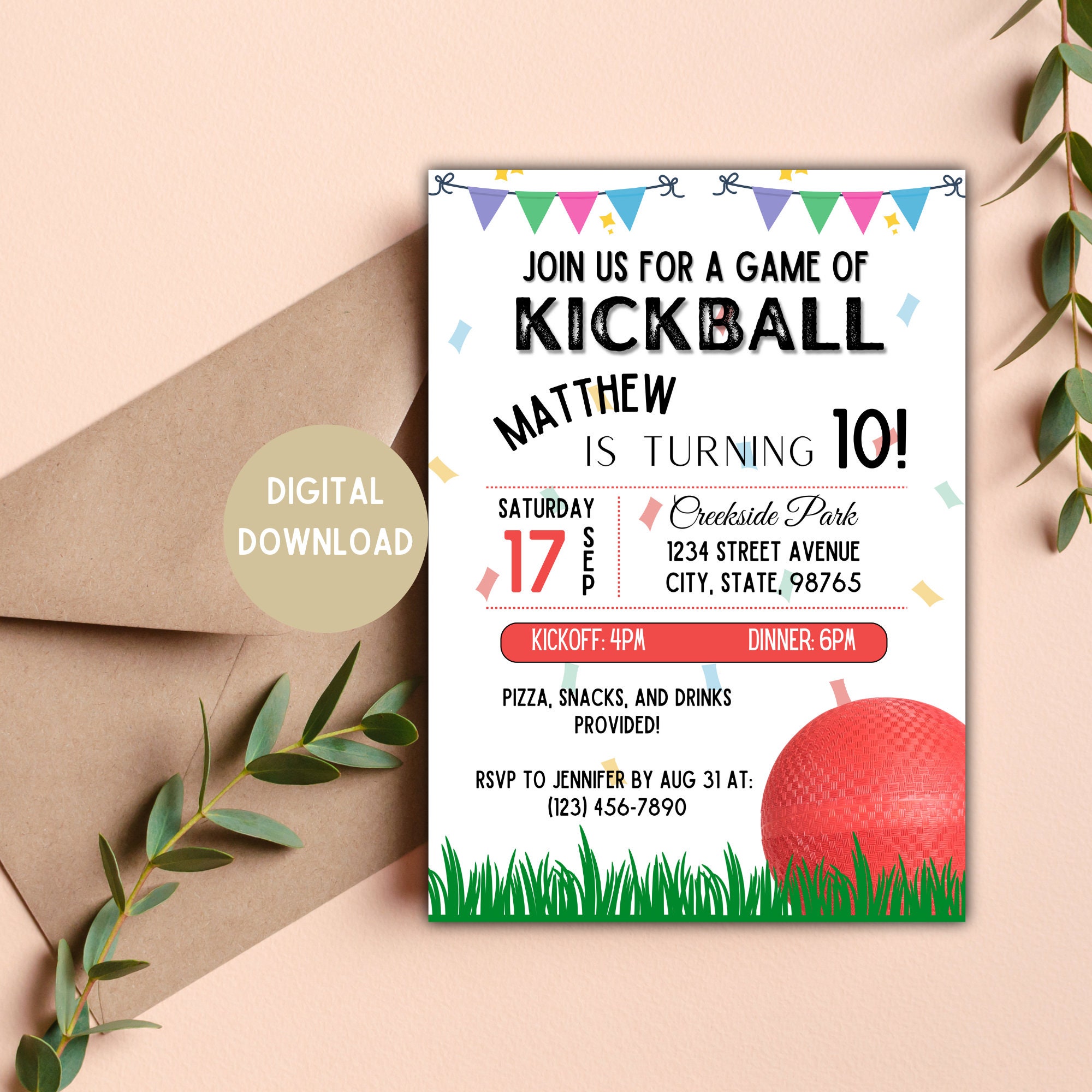 Kickball Party Invitation Kickball Party Kickball Digital Download 5x7 ...