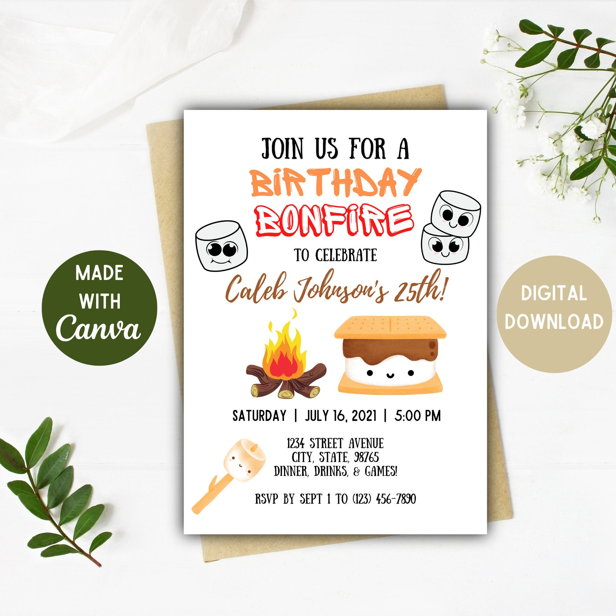 Bonfire Birthday Invitation DIGITAL TEMPLATE Bonfire - Etsy