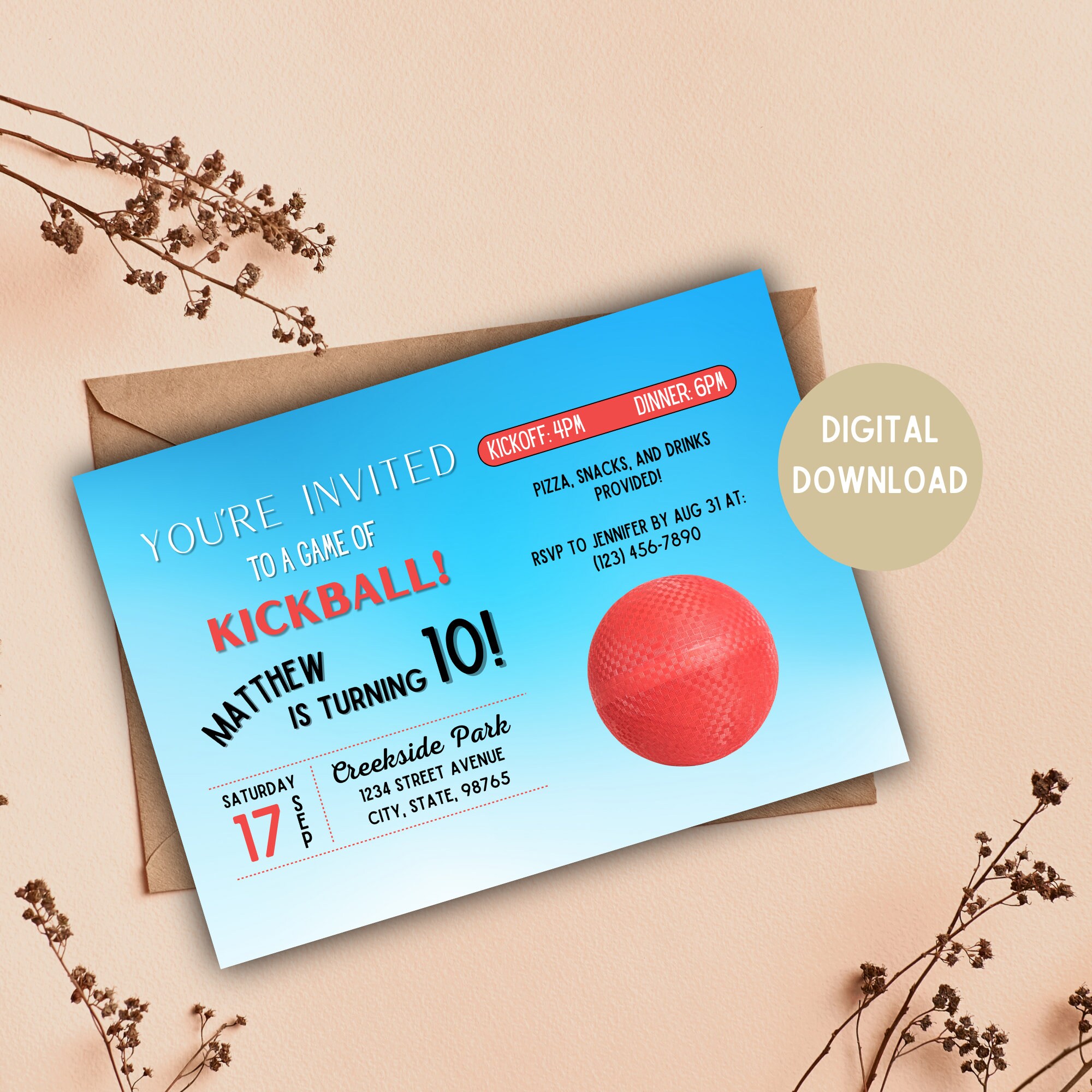 Kickball Party Invitation Kickball Party Kickball Digital Download 5x7 ...