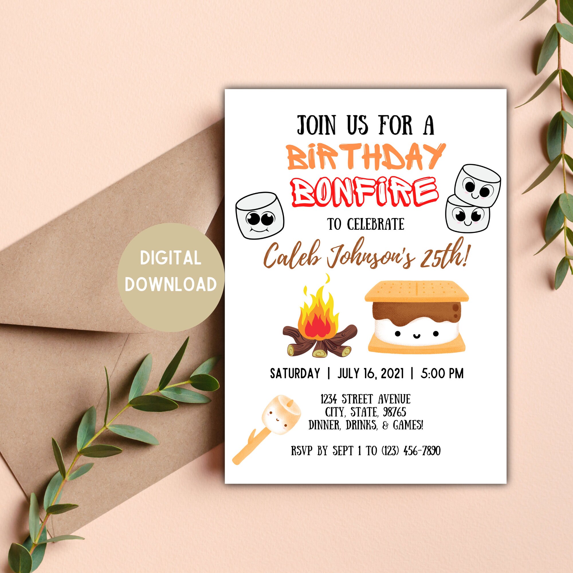 Bonfire Birthday Invitation DIGITAL TEMPLATE Bonfire - Etsy