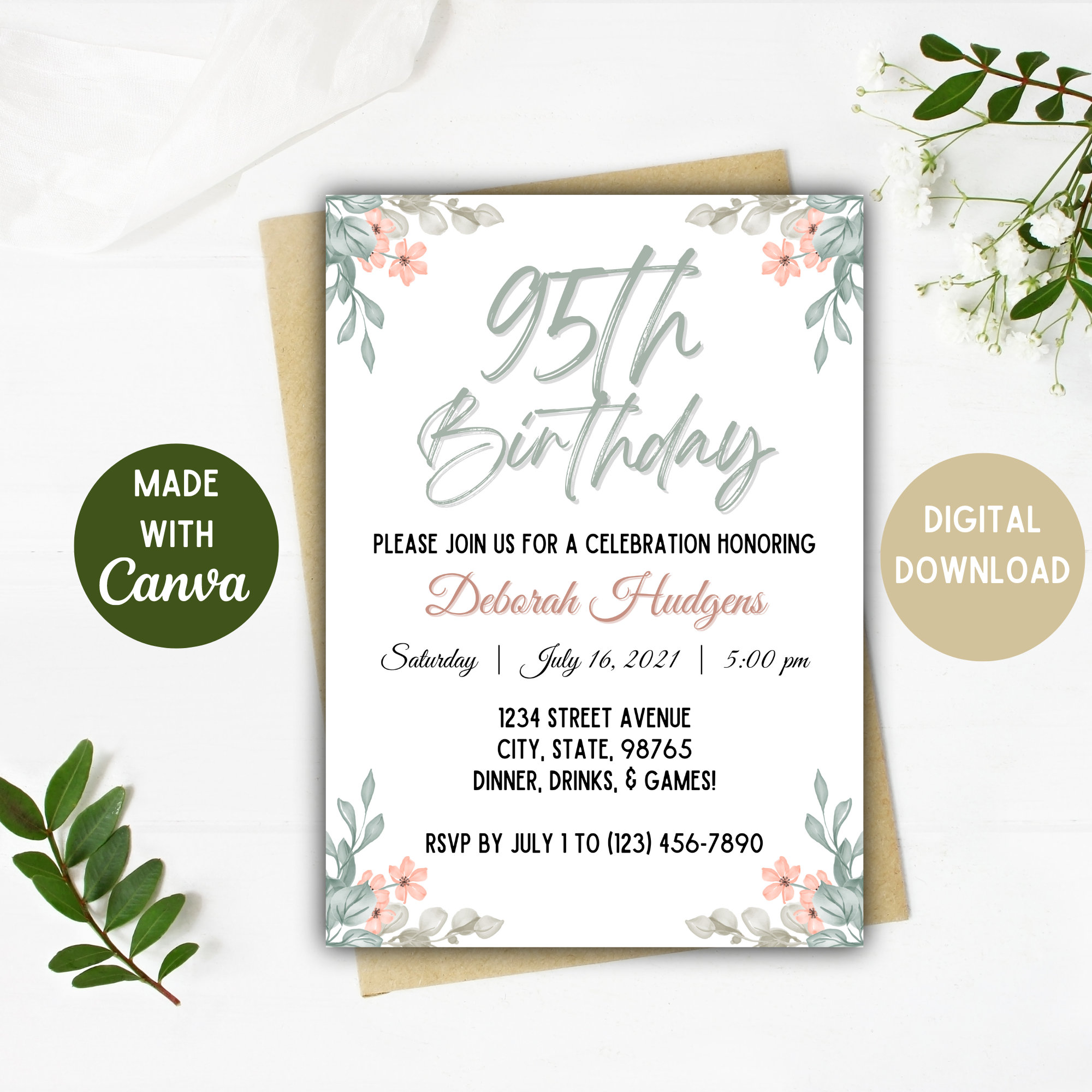 Editable 95th Birthday Invite | 95th Birthday | 95th Birthday Ideas ...