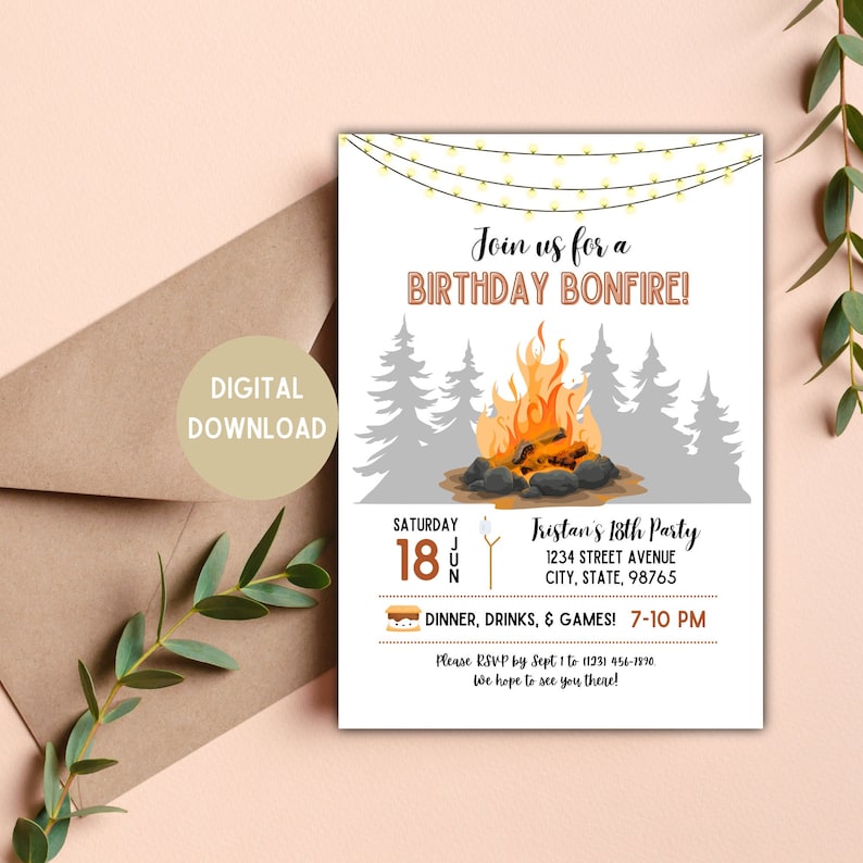 Bonfire Birthday Invitation (digital Download) | Booze and Bonfires ...
