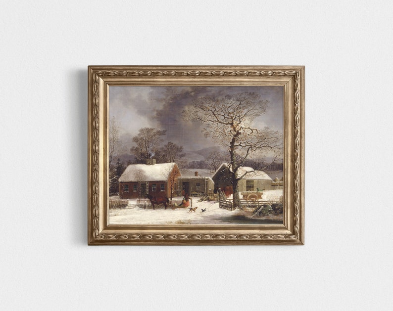 Winter Farm Art Print Vintage Snowy Farm Painting Vintage Christmas Art ...