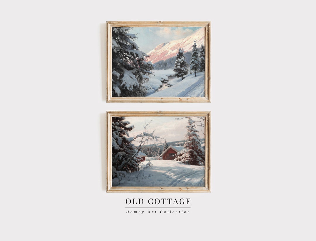 Snowy Cabin Art Print Christmas Wall Art Vintage Christmas Cabin Art ...