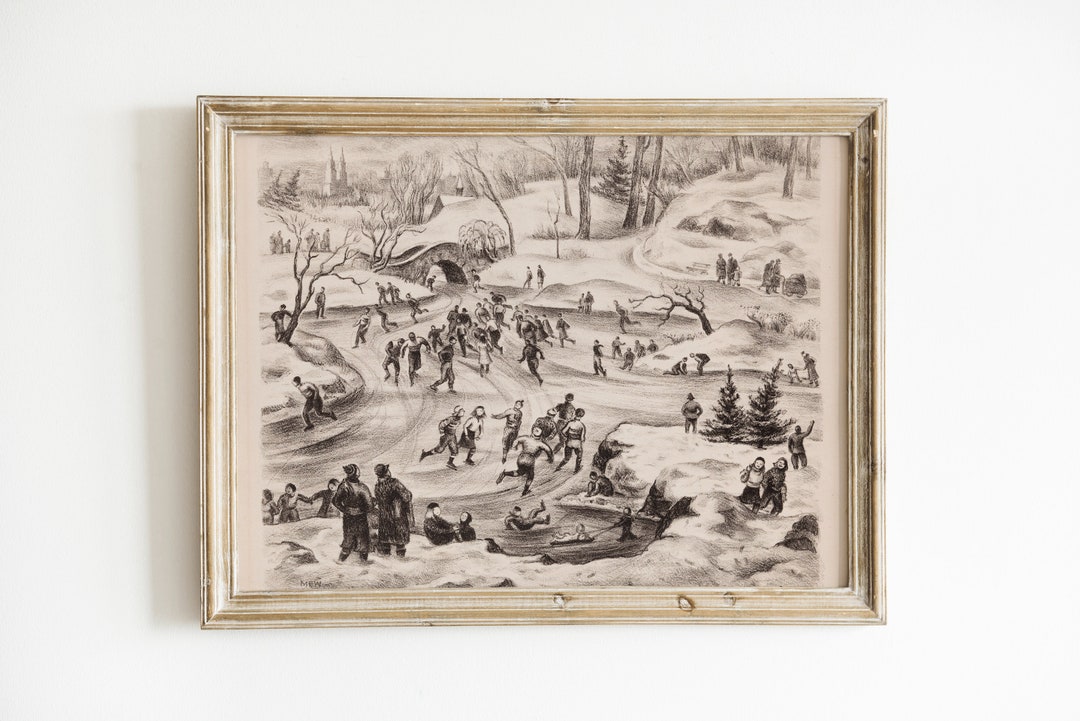 Ice Skating Art Print Vintage Ice Skating Sketch Vintage Christmas Art ...