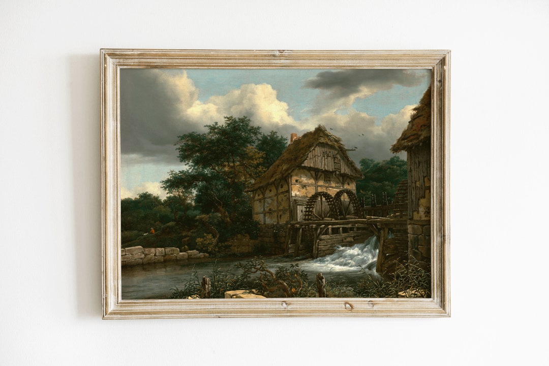 Water Wheel Painting | Vintage Cottage Landscape Painting | Moody ...